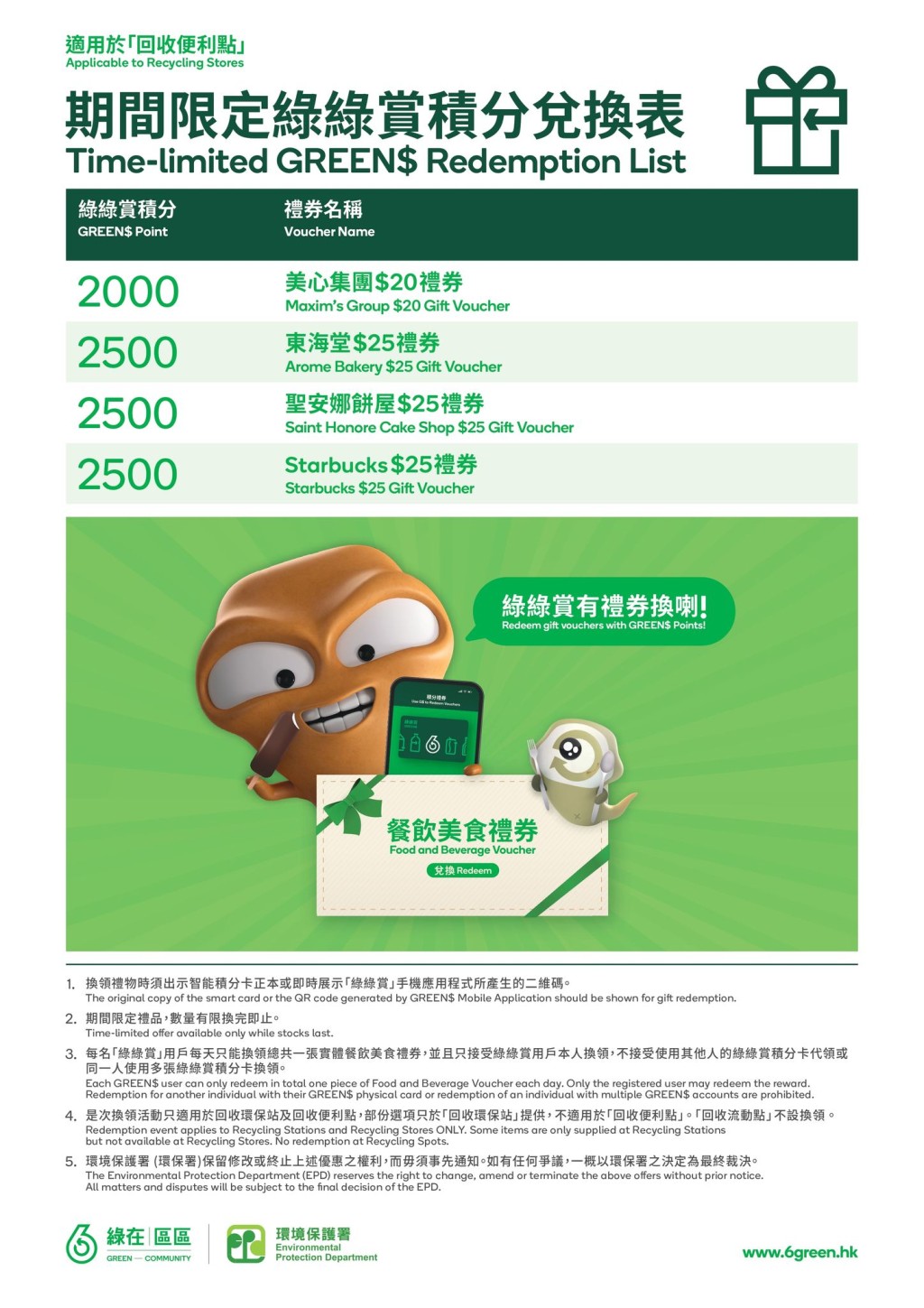 绿在区区︱“绿绿赏”积分换餐饮现金券，2000分起换美心/圣安娜/太兴礼券（附兑换表） | 星岛环球网
