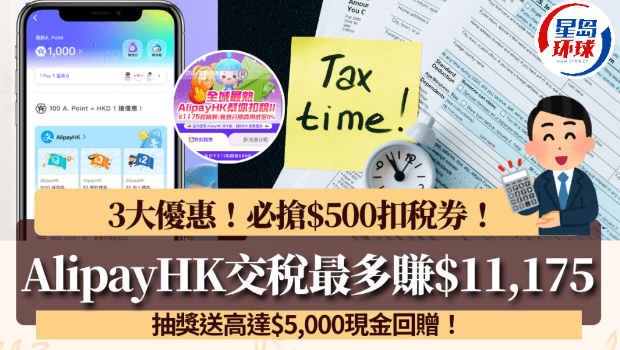 AlipayHK交税3大优惠最多赚$11,175！必抢$500扣税券+抽奖送$5,000现金回赠 | 星岛环球网